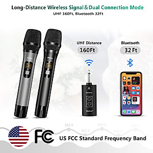Wireless Microphone with Bluetooth, Professional UHF Dual Handheld Dynamic Metal Mic System Set with Rechargeable Receiver, 160 ft Range, 1/4''Output, for Karaoke Machine, Singing, Amp, PA Speaker
