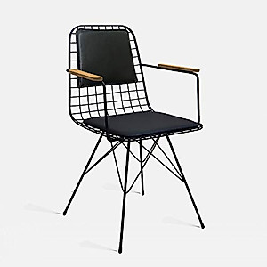 THEIA TASARIM STARLEG Metal Dining Side Arm Chair | Mid Century Modern Wire Design Kitchen Chairs with Faux Leather Seat & Back Pad | Dining Room Arm Chair for Cafe & Bistro | Set of 2 Indoor-Outdoor