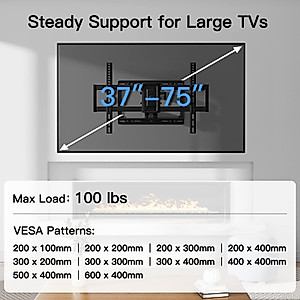 Pipishell Full Motion TV Wall Mount for 37-75 inch Flat/Curved TVs up to 100lbs, Wall Mount TV Bracket Swivel and Tilt, TV Mount Fits 8/12/16" Wood Studs, Max VESA 600x400mm, PILF3