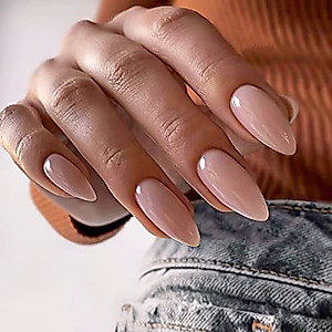 YOSOMK Nude Press on Nails Almond Shaped Fake Nails Medium Glossy Stick on Nails Natural Full Cover False Nails Acrylic Glue on Nails for Women