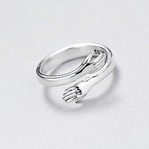 papasgix Hug Ring for Women 925 Sterling Silver,Hug Rings Silver Hugging Hands Open Promise Ring Jewelry Hug Hands Mens Rings Couples Wedding Bands (Silver)