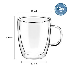 Liuruiyu Double Wall Glass Coffee mugs, (Set of 4) 12 Ounces-Clear Glass Coffee Cups with Handle,Insulated Coffee Glass,Cappuccino Cups,Tea Cups,Latte Cups,Beverage Glasses
