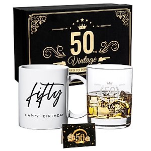 PUGED 50th Birthday Gift Set for Men or Women with Gift Package Fifty Happy Birthday 11 oz Coffee Mug and Vintage 12 oz Whiskey Glass Idea for Funny 50 Year Old Present Birthday Decorations