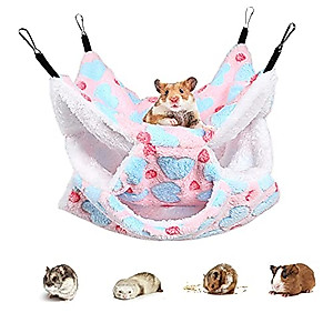 Petmolico Small Pet Cage Hammock, Warm Plush Triple BunkBed Hanging Hammock Cage Accessories for Parrot Sugar Glider Ferret Squirrel Hamster Rat Hideout Playing Sleeping, Pink Heart