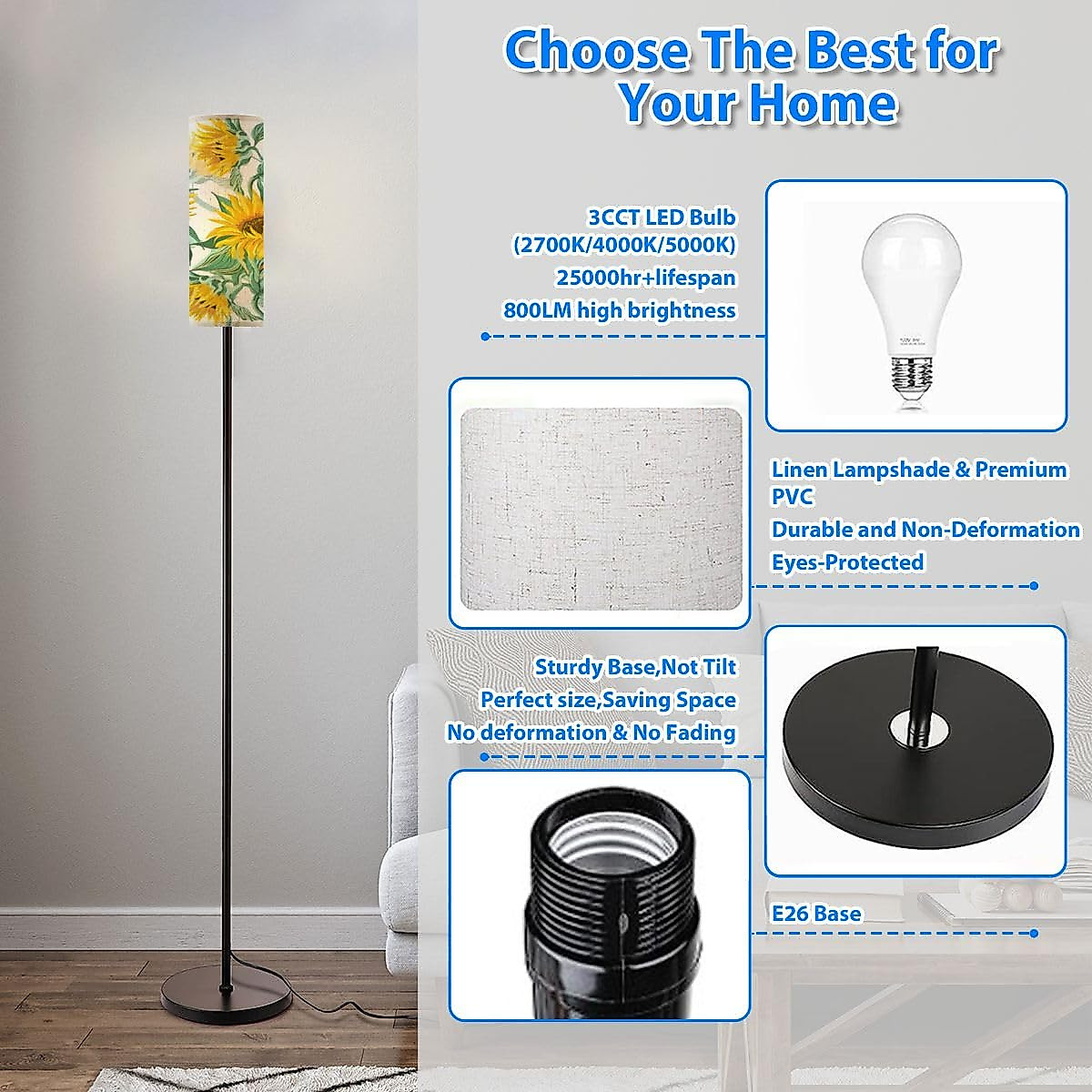 RZNTJHUINA Modern Standing Lamps Sunflower Minimalist Floor Lamp Rustic Country Metal Pole Lamp with Linen Lampshade for Bedroom Living Room Office Nursery Reading Foot Switch