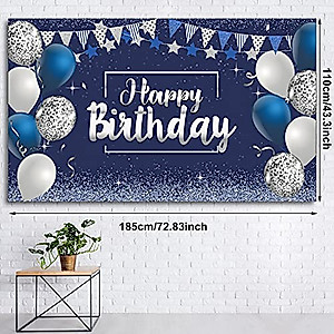 Happy Birthday Decorations Backdrop, Glitter Birthday Backdrop Sign, Happy Birthday Banner, Birthday Party Supplies Photo Background for Children Men Women, 72.8 x 43.3 Inch (Silver and Navy Blue)