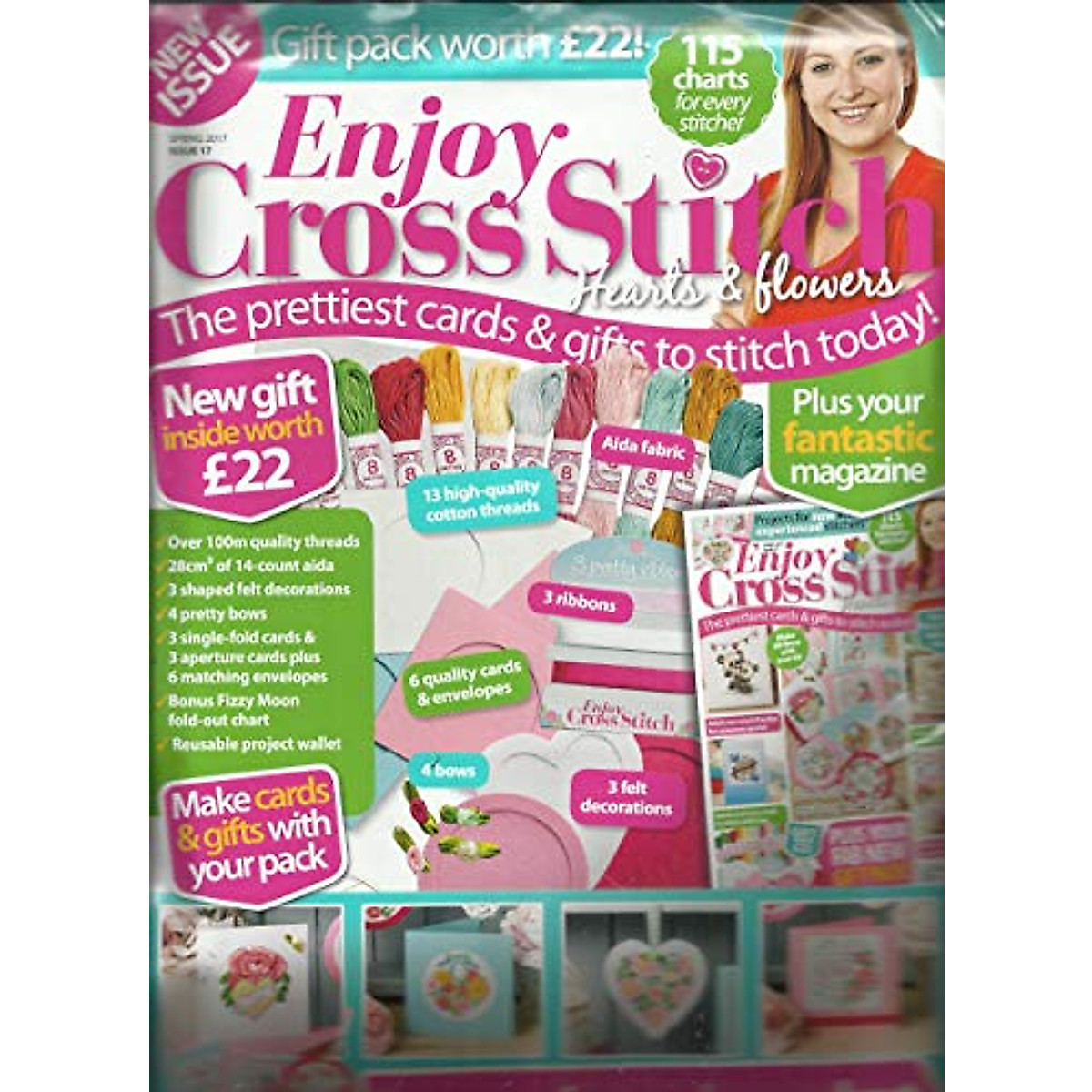 ENJOY CROSS STITCH MAGAZINE, SPRING, 2017 ISSUE # 17 FREE GIFTS ARE INCLUDED (PLEASE NOTE: ALL THESE MAGAZINES ARE PET & SMOKE FREE MAGAZINES. NO ADDRESS LABEL. (SINGLE ISSUE MAGAZINE)