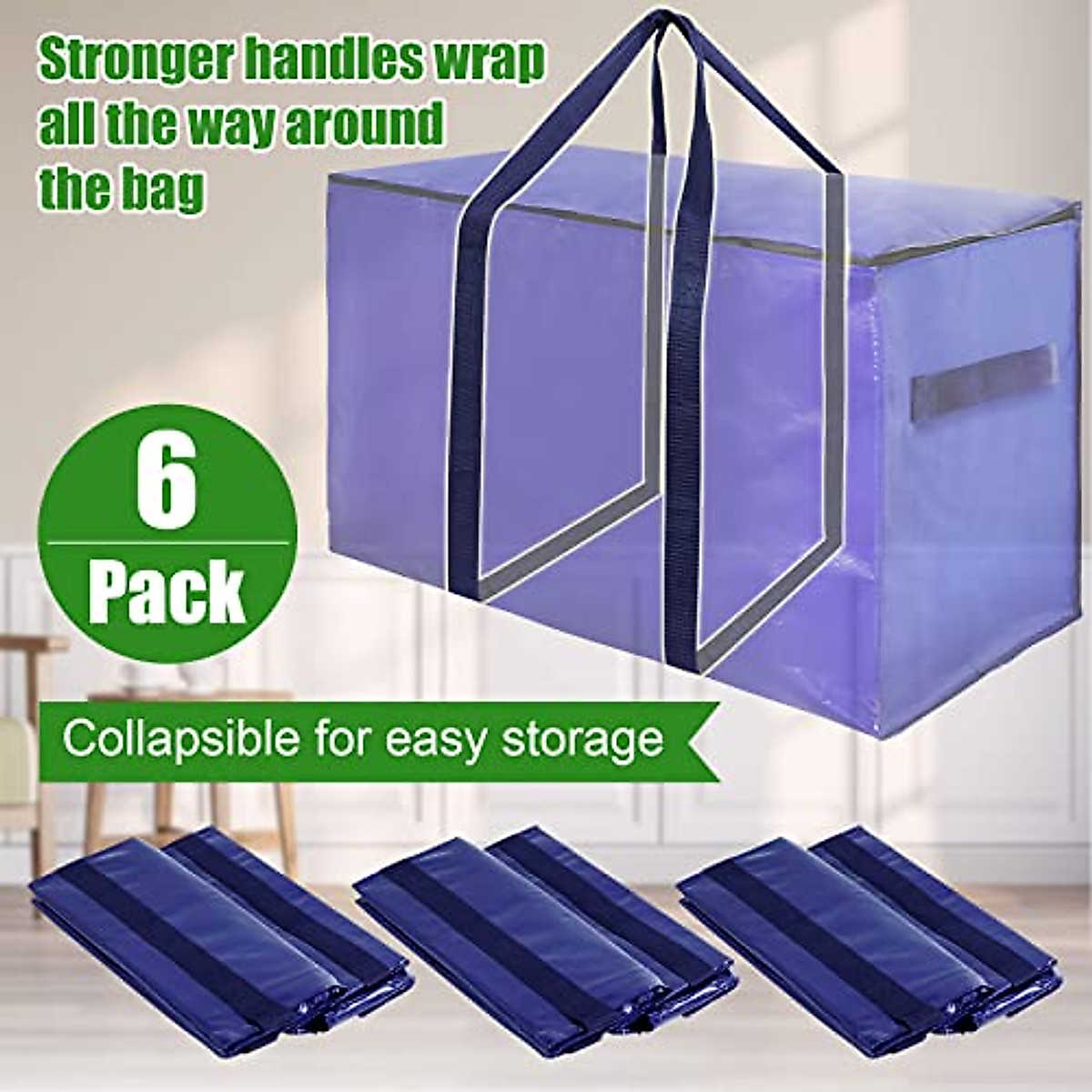 6 Pack Moving Bags,Heavy Duty Extra Large Packing Bags for Moving,Reusable Moving Totes with Reinforced Handles & Zippers,Foldable Moving Storage Bags for Space Saving Moving Supplies