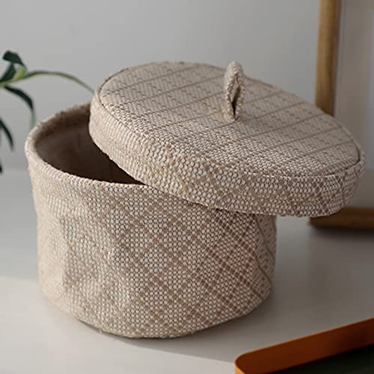 Round Baskets with Lid, Decorative Linen Lidded Storage Baskets, Small Woven Basket for Organizing, 6.3 x 4.72 Inch