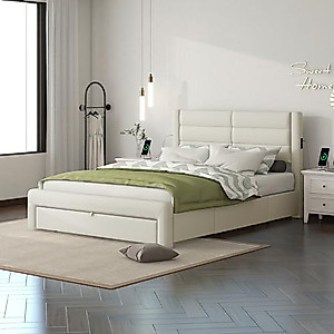 Linique Queen Size Wooden Bed Frame with 3 Storage Drawers,Queen PU Leather Upholstered Platform Bed with Headboard and Charging Station,White