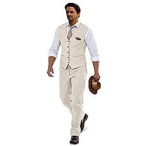 Furuyal Men Suit Casual Wedding Suits Linen Suits for Men 2 Piece Suits Groomsmen Tuxedos Summer Beach Prom Vest and Pants Set Beige-S