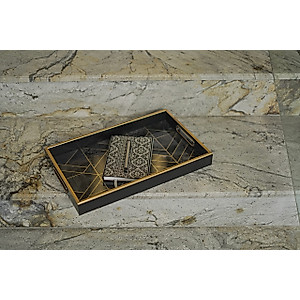 Serving Tray –Coffee Table Tray –Elegant Decorative Tray –PS and Printed Glass Table Tray –Practical and Sturdy Design –Easy to Clean and Washable(Black and Grey,15.6x10x1.8 Inches)