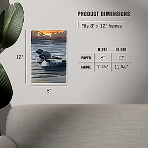 Lantern Press 8x12 Inch Art Print Wall Decor, Loons and Lake at Sunset