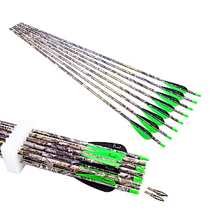 Pinals Archery 28" 30" 300 340 350 400 Spine Carbon Hunting Arrows for Compound Recurve Bow Practice Target 30 Inch Camo Arrow Shaft Pack of 12PCS Green 340