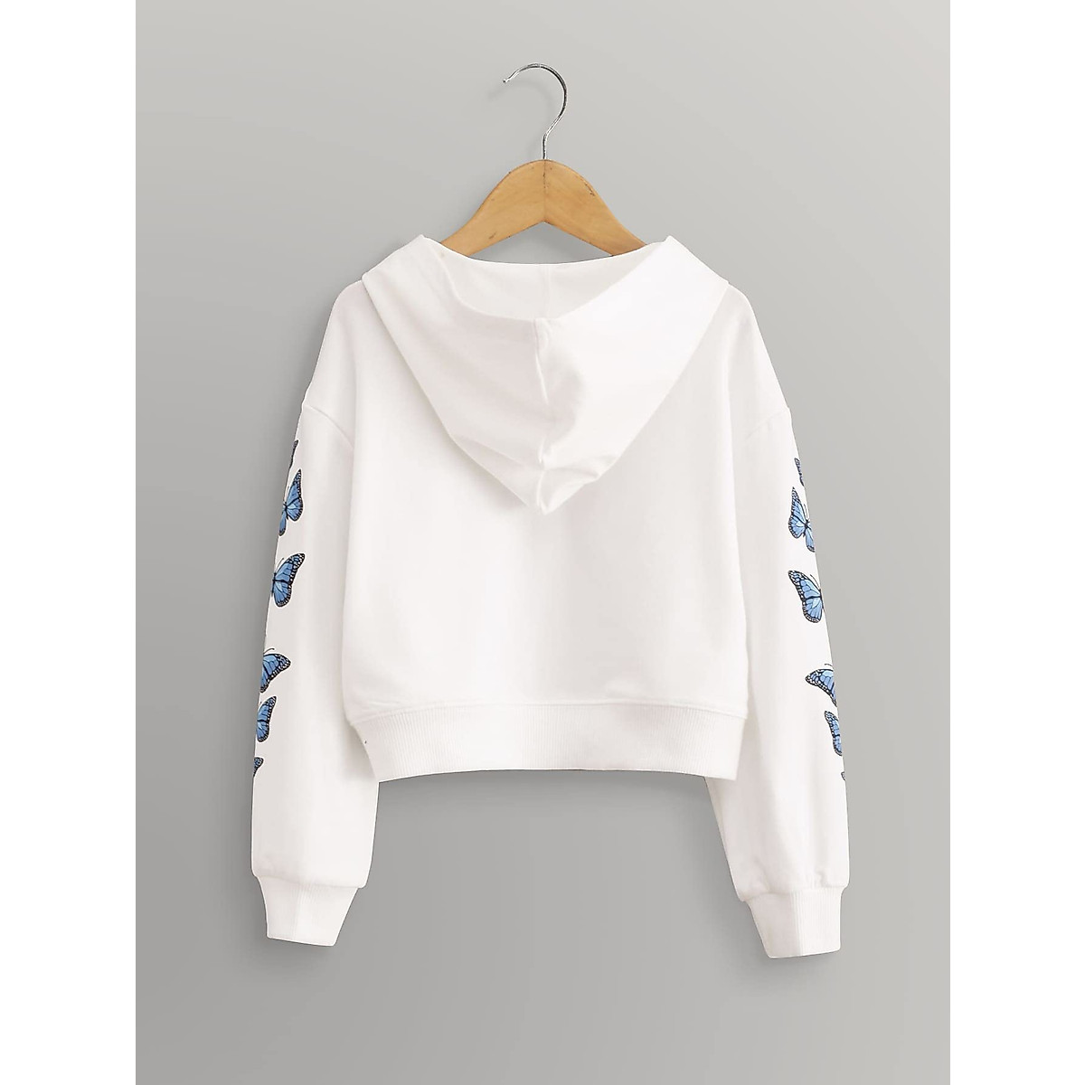 Romwe Girl's Butterfly Print Drop Shoulder Long Sleeve Pullover Hoodie Sweatshirt Crop Top Tee Shirt White 140