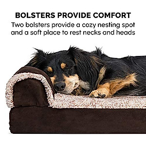 Furhaven Orthopedic Dog Bed for Large Dogs w/ Removable Bolsters & Washable Cover, For Dogs Up to 95 lbs - Two-Tone Plush Faux Fur & Suede L Shaped Chaise - Espresso, Jumbo/XL