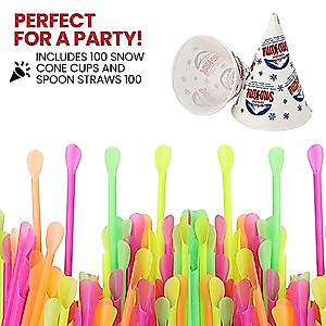 Concession Essentials 200 Count 6oz Snow Cone Cups with 200 8" Neon Spoon Straws