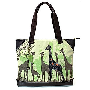Chala Safari Forest Animal- Large Canvas Tote Shoulder handbag with detachable Purse Charm (912 Giraffe-Tote)