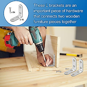 16 Pcs L Bracket Stainless Steel Corner Brace Sets, 90 Degree Right Angle Bracket with 64 Pcs Screws, L Bracket Firmware Can Be Used for Wooden Shelves, Chairs, Tables, Dressers, Furniture