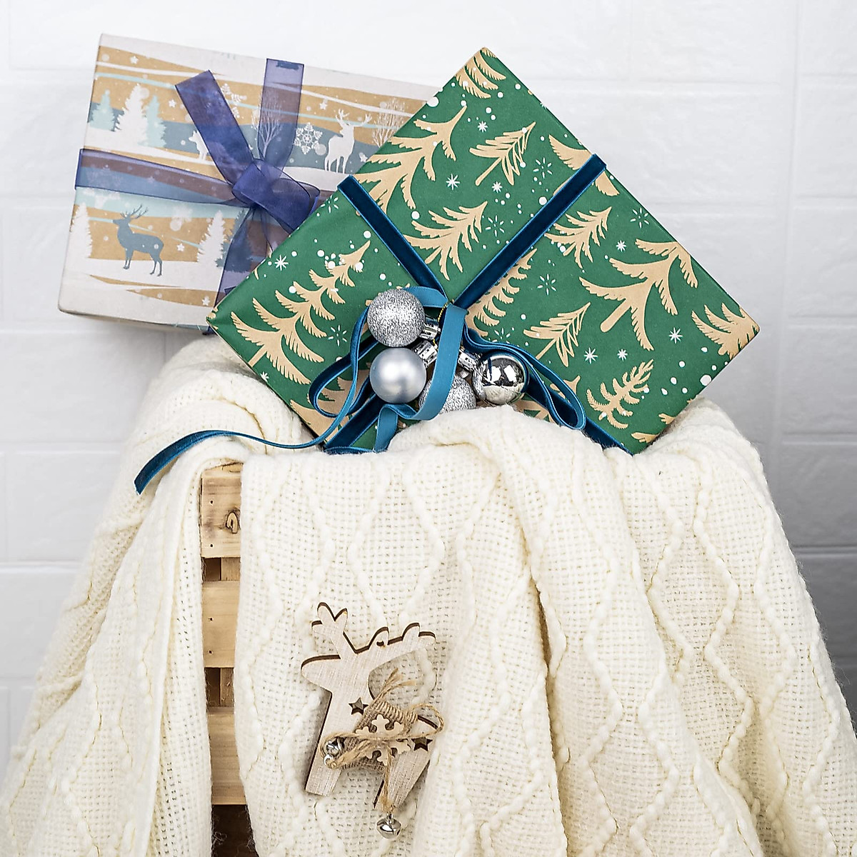 RUSPEPA Christmas Wrapping Paper Rolls with Tags and Jute String - 17 inches x 10 feet per Roll, Total of 3 Rolls