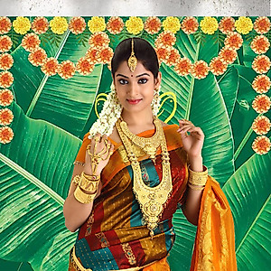 MAQTT Indian Festival Ganesh Chaturthi Backdrop for Festival Party Decoration Green Tropical Palm Leaf Photography Backdrop Indian Culture Religious Event Decor 7x5ft