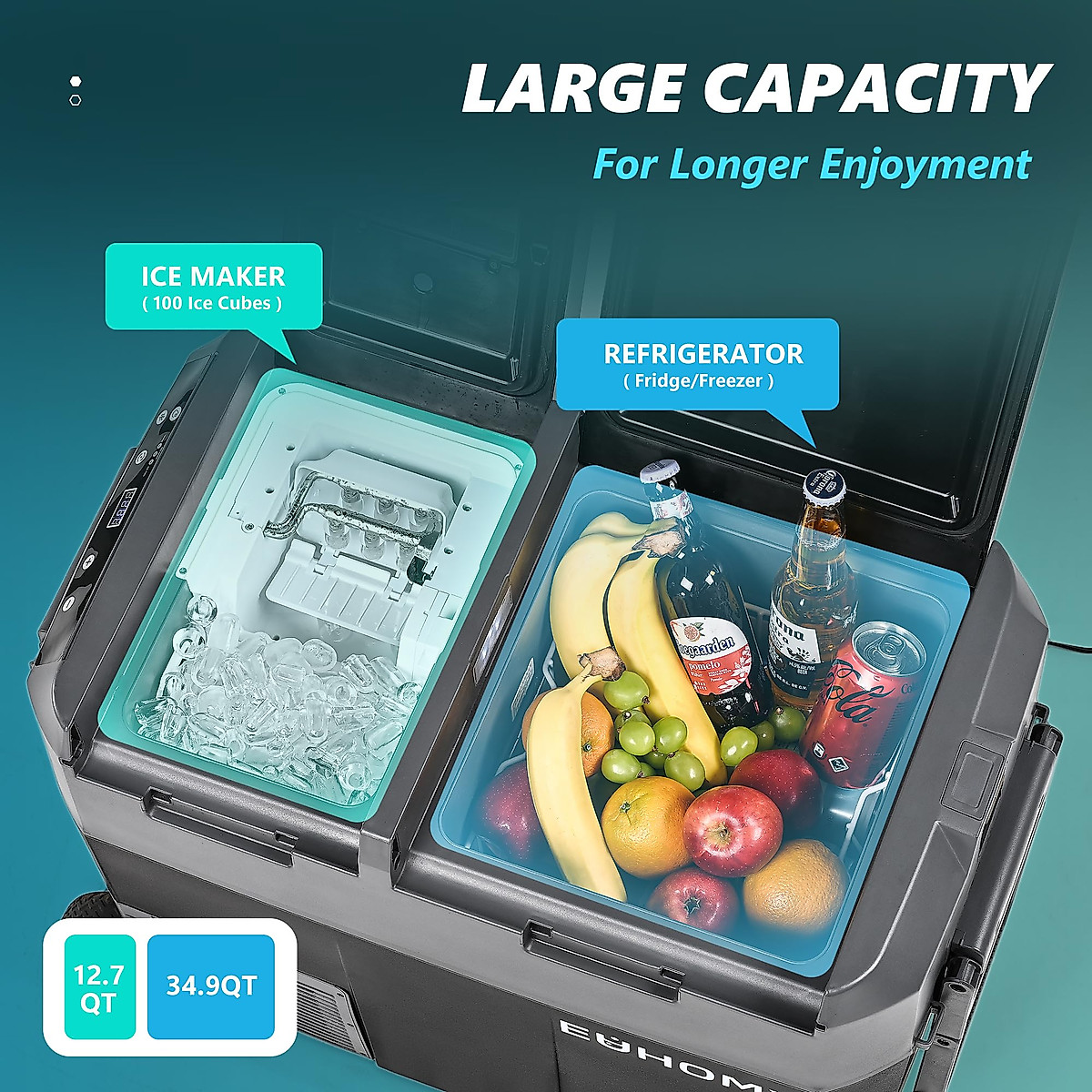 EUHOMY 12 Volt Refrigerator with Ice Maker, 48QT(45L) Electric Cooler Usable Battery Dual Zone, Car Refrigerator APP Control, 12V Fridge 12/24V DC 110-240V AC for Camping, Travel, Outdoor, Home