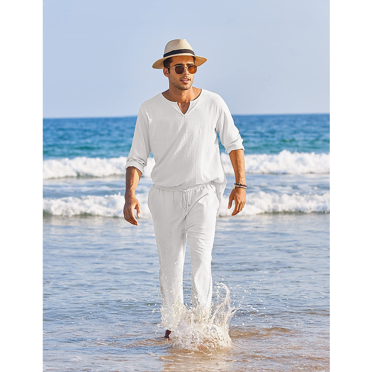 COOFANDY Men's 2 Pieces Cotton Linen Set Henley Shirt Long Sleeve and Casual Beach Pants Summer Yoga Outfits