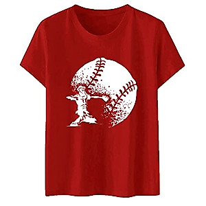 DUOWEI Womens Baseball Print O Neck Short Sleeve Blouse Tops Tees T Shirt Red