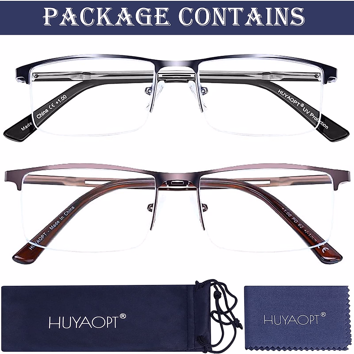 HUYAOPT 2-Pack Blue Light Blocking Reading Glasses Men Women Spring Hinge Computer Reading Glasses Metal Frame (Mixed Color, 1.5