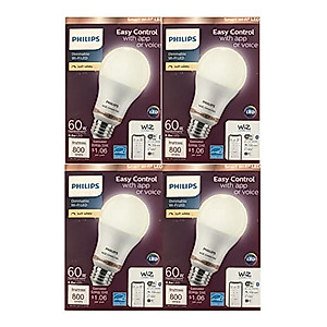Philips Soft White A19 LED 60W Equivalent Dimmable WiZ Connected Smart Light Bulb 4 Pack