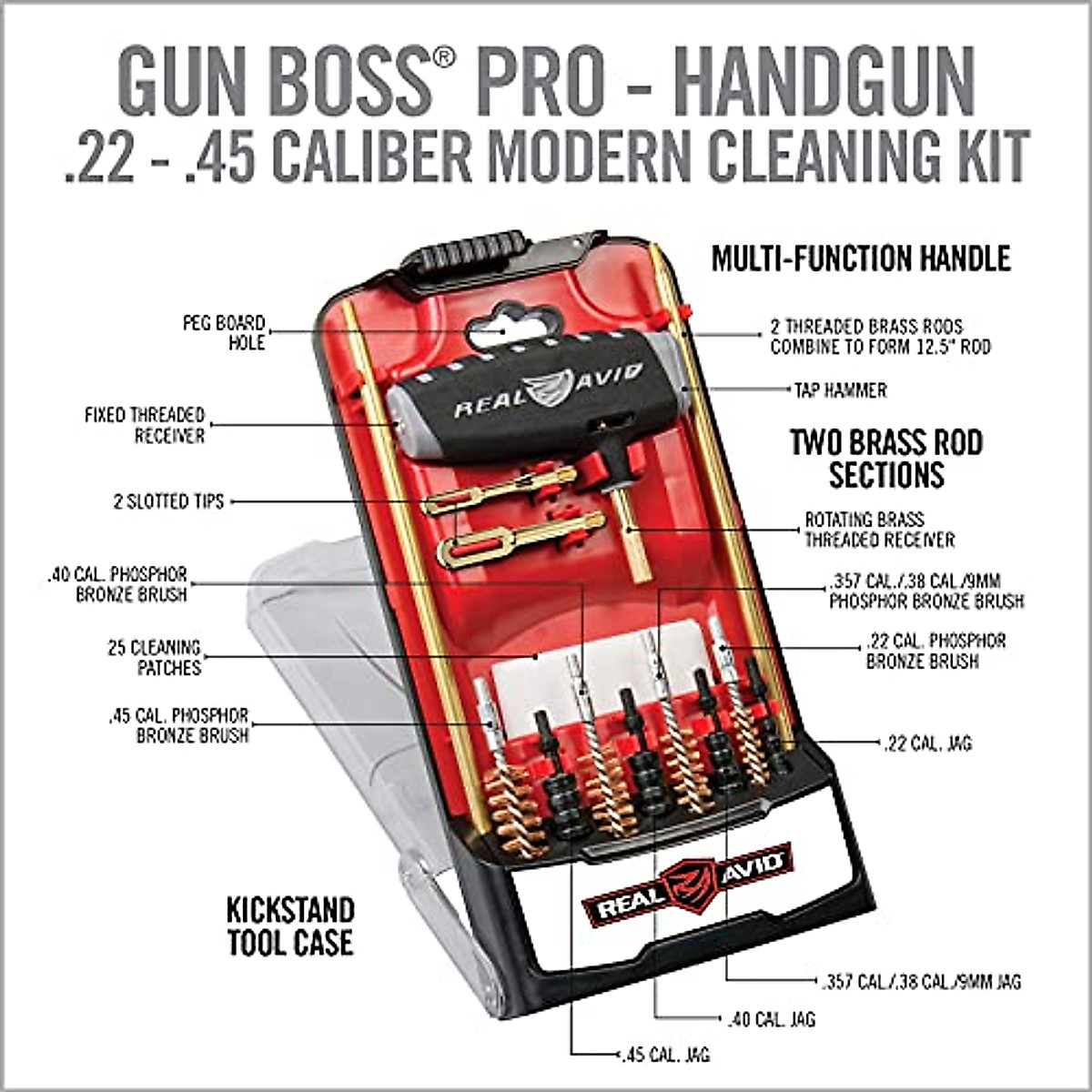 Real Avid PRO Handgun Cleaning Kit | Premium Pistol Cleaning Kit with Brass Cleaning Rod, Bore Brushes, Gun Cleaning Jags & Gun Cleaning Patches | For .22 .357 9MM .38 .40 .44 & .45 Caliber Handguns