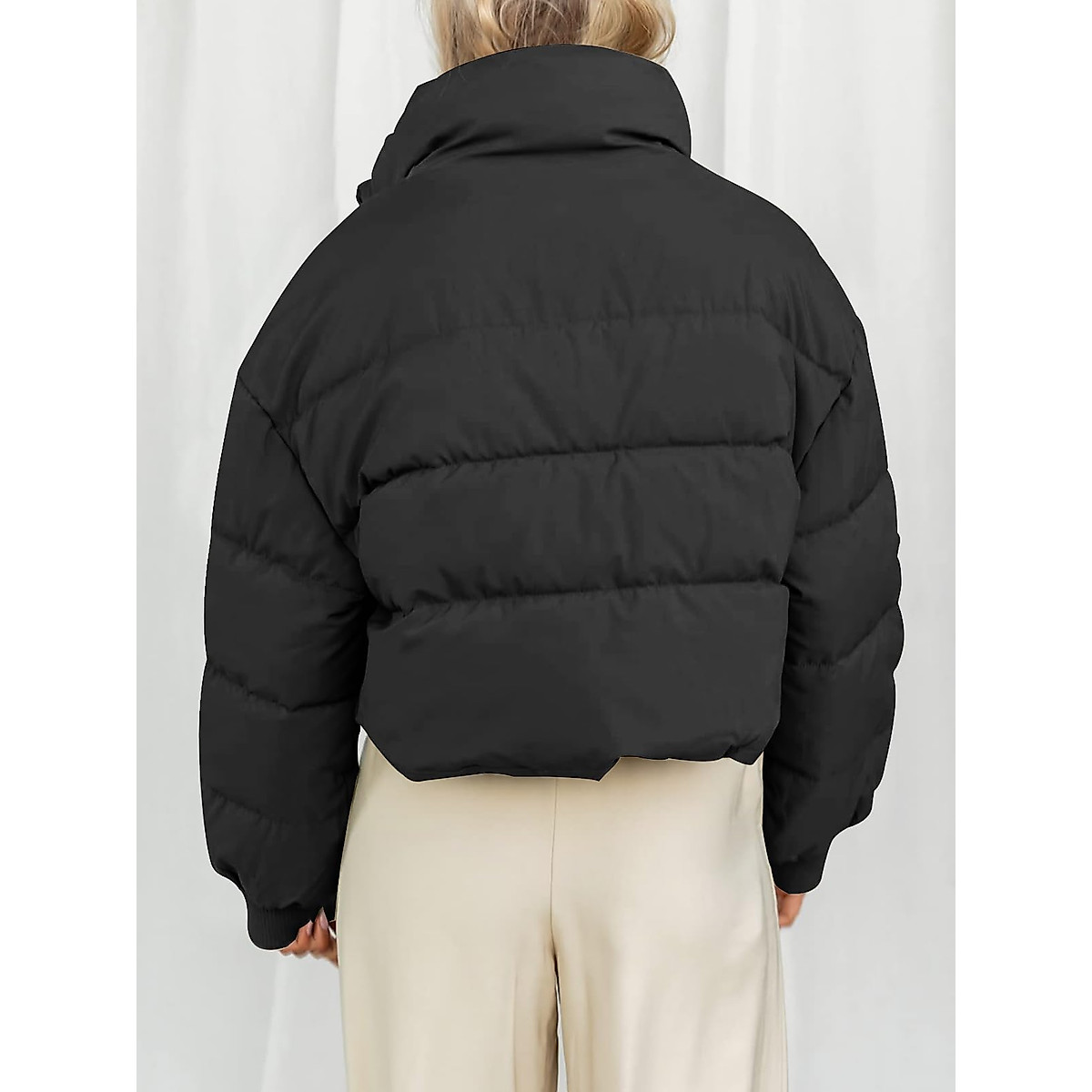 MEROKEETY Women's Winter Cropped Puffer Jacket Long Sleeve Oversized Stand Collar Zip-Up Short Coat