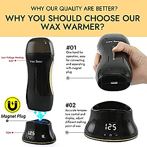 Wax Bear Roll On Wax Kit for Hair Removal,Roller Wax Cartridge Depilatory Wax Heater Kit Digital Temperature Display with for Personal & Professional Use，Black