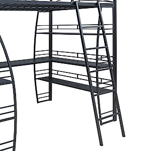 Full Size Metal Loft Bed with Desk and Bookcase, Modern Style Heavy-Duty Steel Frame Bunk Bed with Sockets, USB Ports and Wireless Charging (Full, Black)