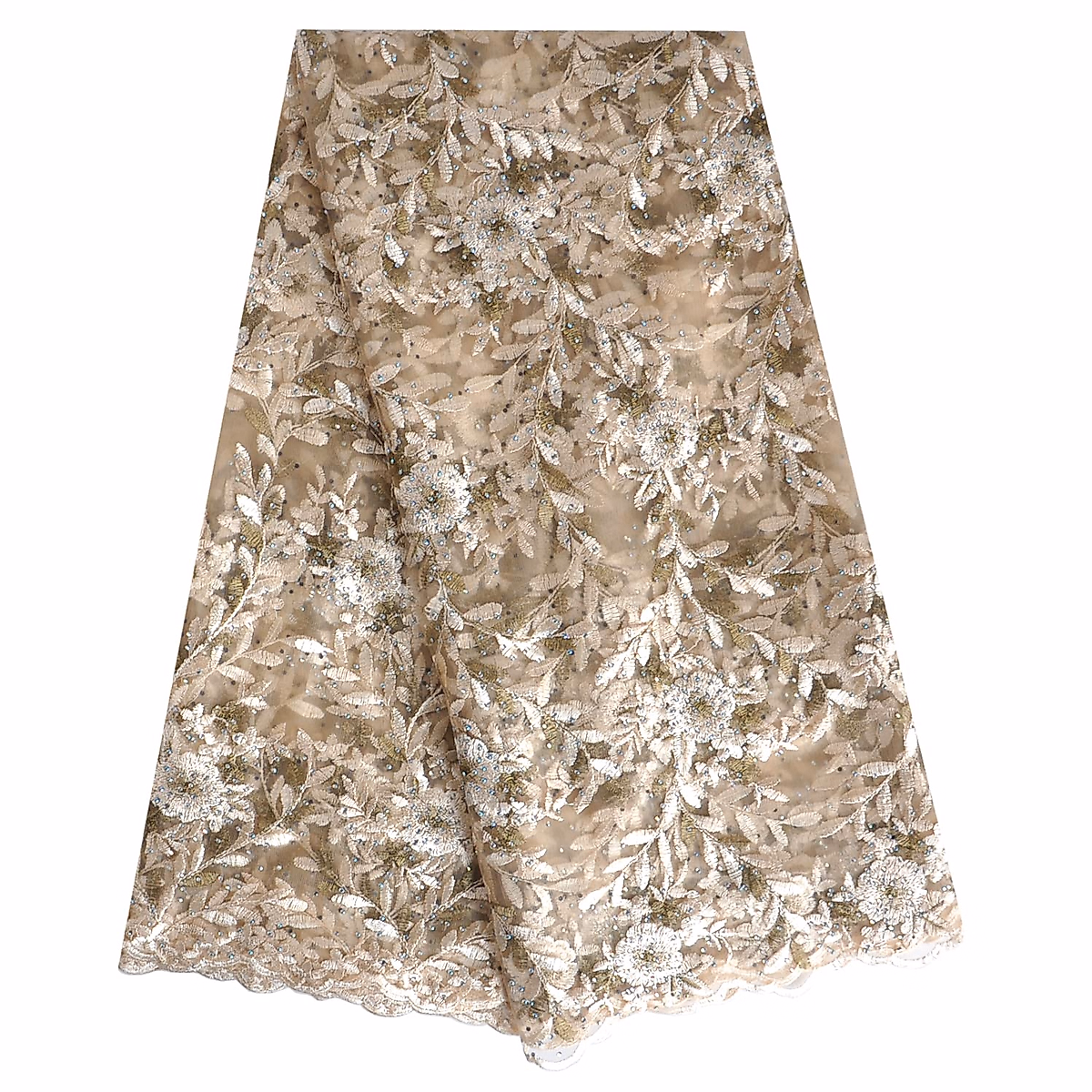 SanVera17 African Lace Net Fabrics Nigerian Embroidered Sparkling Stone French Fabric for Party Dress (Champagne) 5 Yards 266-2