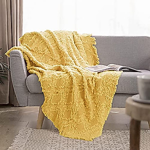 Simple&Opulence 100% Cotton Throw Blanket for Bed, Couch, Boho Textured Geometric Knit Woven Blanket with Tassels Soft, Lightweight Breathable Shabby Chic Farmhouse Decoration for All-Season(Yellow)