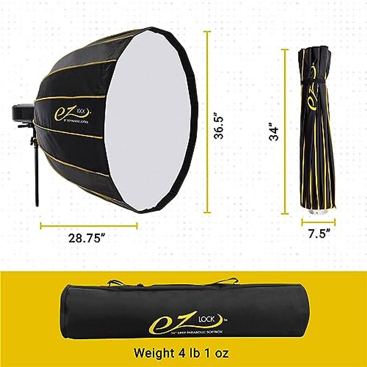 Glow EZ Lock 38" Deep Parabolic Quick Softbox, 16-Sided Parabolic Softbox Opens Up and Closes Down 'Umbrella' Style, this Bowens Mount Softbox with Quick Speedring Swap is an Ideal Speedlight Soft box