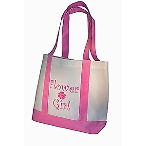 Yacanna Flower Girl Tote Bag White with Pink Straps, Large 14-inch by 11-inch