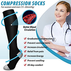 BLUEENJOY Copper Compression Socks for Women & Men (6 pairs) - Best Support for Nurses, Running, Hiking, Recovery