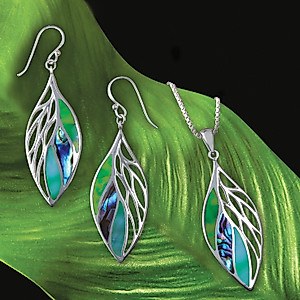 Boma Jewelry Sterling Silver Green Turquoise, Abalone, Green Mother-of-Pearl Leaf Necklace, 20 inches