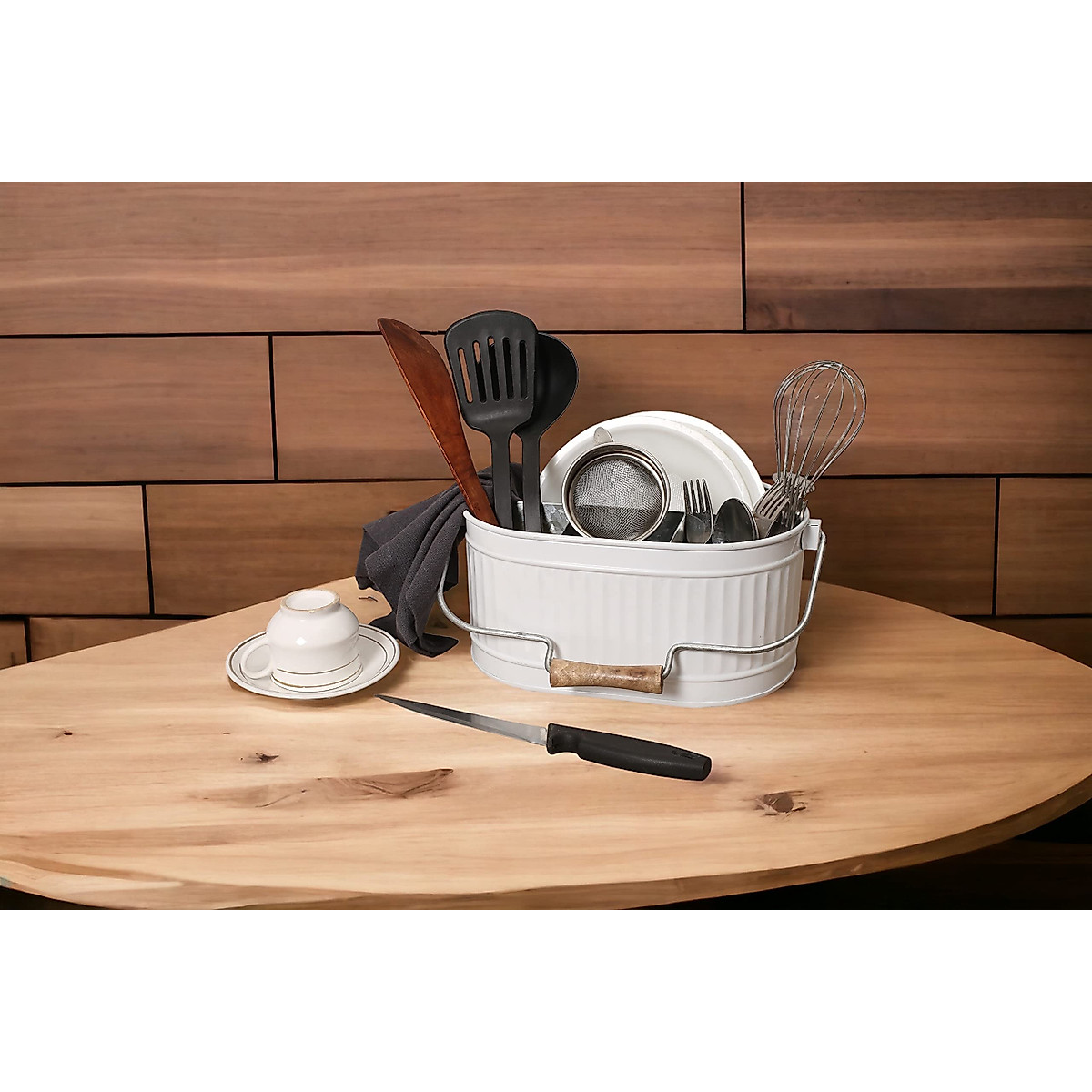 utensil caddy for parties, utensil caddy for countertop, kitchen utensil caddy, plate and utensil caddy - picnic utensil caddy, kitchen utensil caddy for countertop - 12 Inches (Snowy White/Grey)