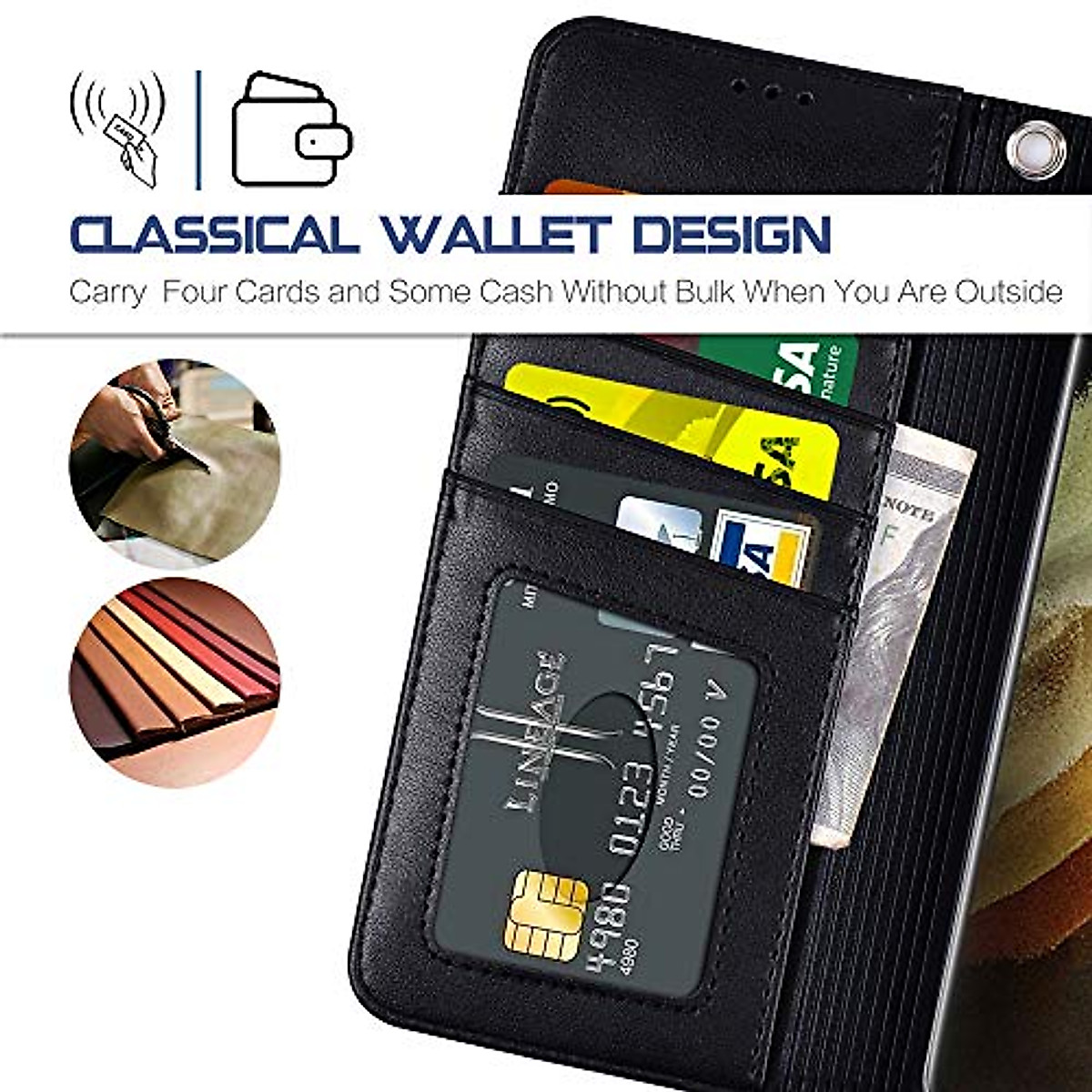 Arae Case for Samsung Galaxy S21 Ultra Wallet Case Flip Cover with Card Holder and Wrist Strap for Samsung Galaxy S21 Ultra, 6.8 inch (Black)