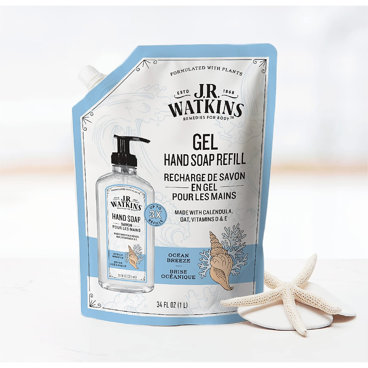 J.R. Watkins Gel Hand Soap Refill, Moisturizing Hand Wash, All Natural, Alcohol-Free, Cruelty-Free, USA Made, Ocean Breeze, 34 Fl Oz, 3 Pack