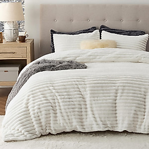 Bedsure Fluffy Duvet Cover Set - Ultra Soft Plush Shaggy Comforter Cover Queen Size, Warm Flannel Fleece Bed Sets for Winter, 3 Pieces, 1 Duvet Cover & 2 Pillowcases (Striped Pattern, Coconut White)