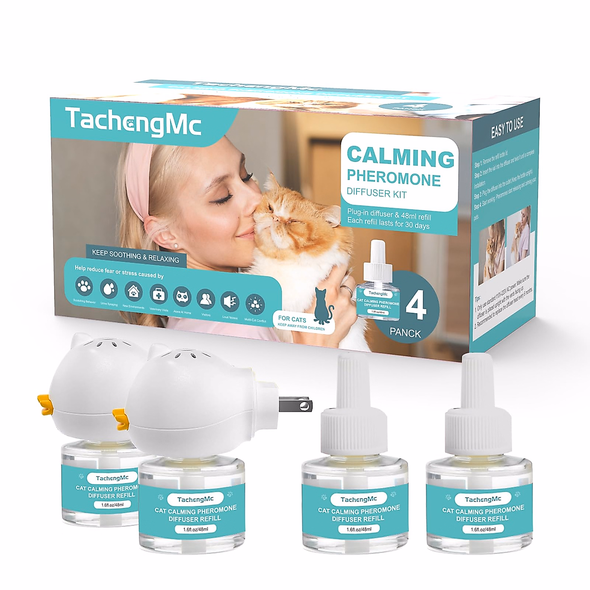TachengMc Cat Calming Diffuser, Cat Pheromones Calming Diffuser with 2 Diffuser + 4 Refill 48ml, 6-in-1 Cat Anxiety Relief Cat Pheromone Diffuser Kit 120 Days, Pheromone Diffuser to Calm Cats