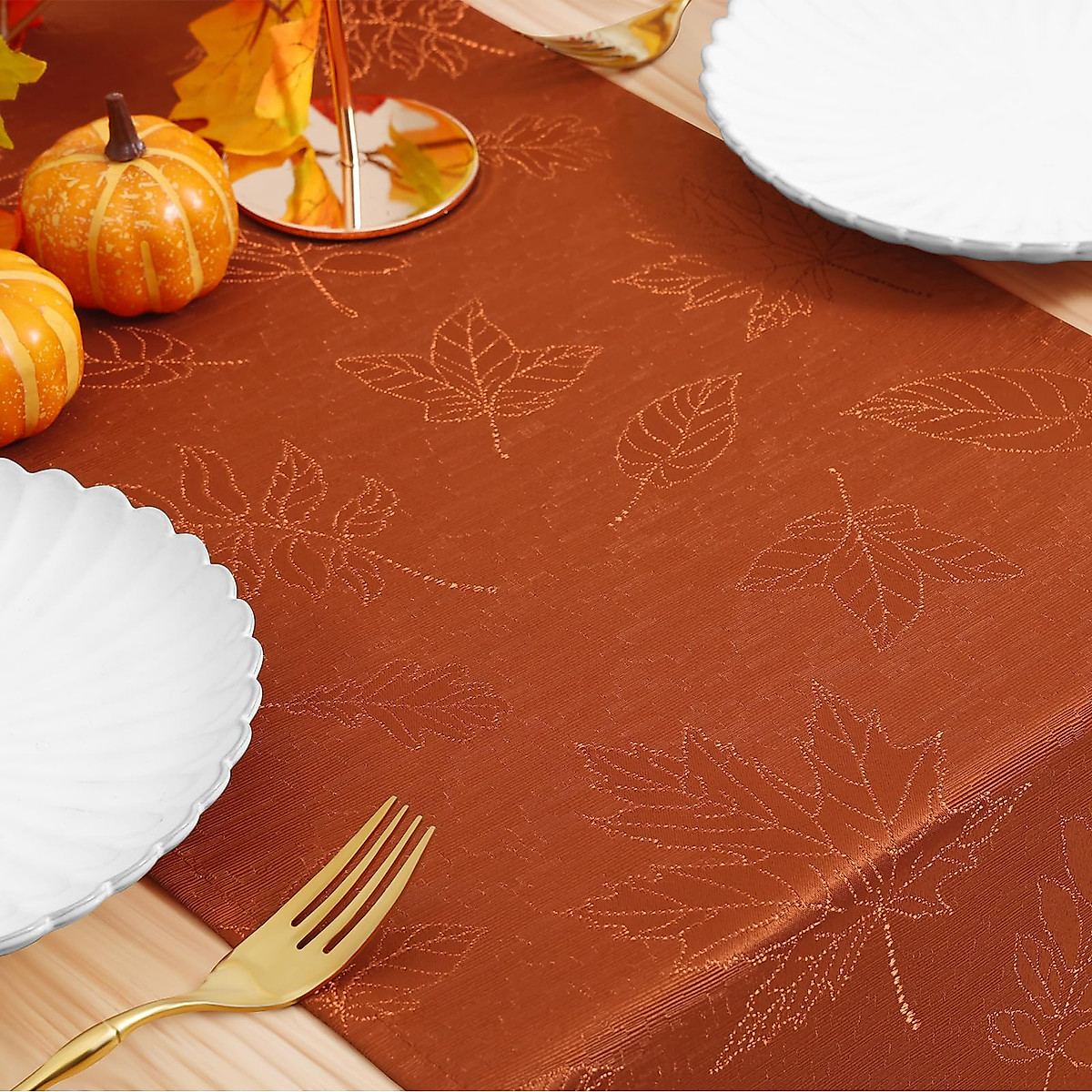 Smiry Thanksgiving Table Runner, 13x72 Inch Waterproof Fabric Fall Table Runner, Autumn Leaves Damask Table Runner for Harvest Parties, and Holiday Dinner, Rust