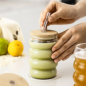 INSETLAN Creative Glass Cups With Lids And Straws-18oz Wave Shape Drinking Glasses of 4 Set, Beer Glasses, Can Shaped Glass Cups, Cute Tumbler Cup, for Cocktail, Juice, Iced Coffee (18 OZ)