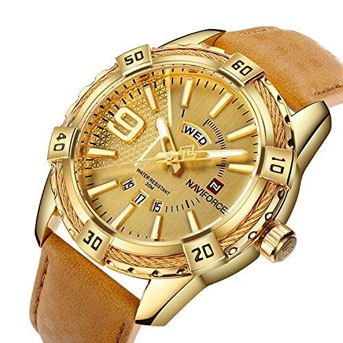 NAVIFORCE Luxury Men Sports Watches Waterproof Quartz Leather Watch Gold Big Face Date Clock