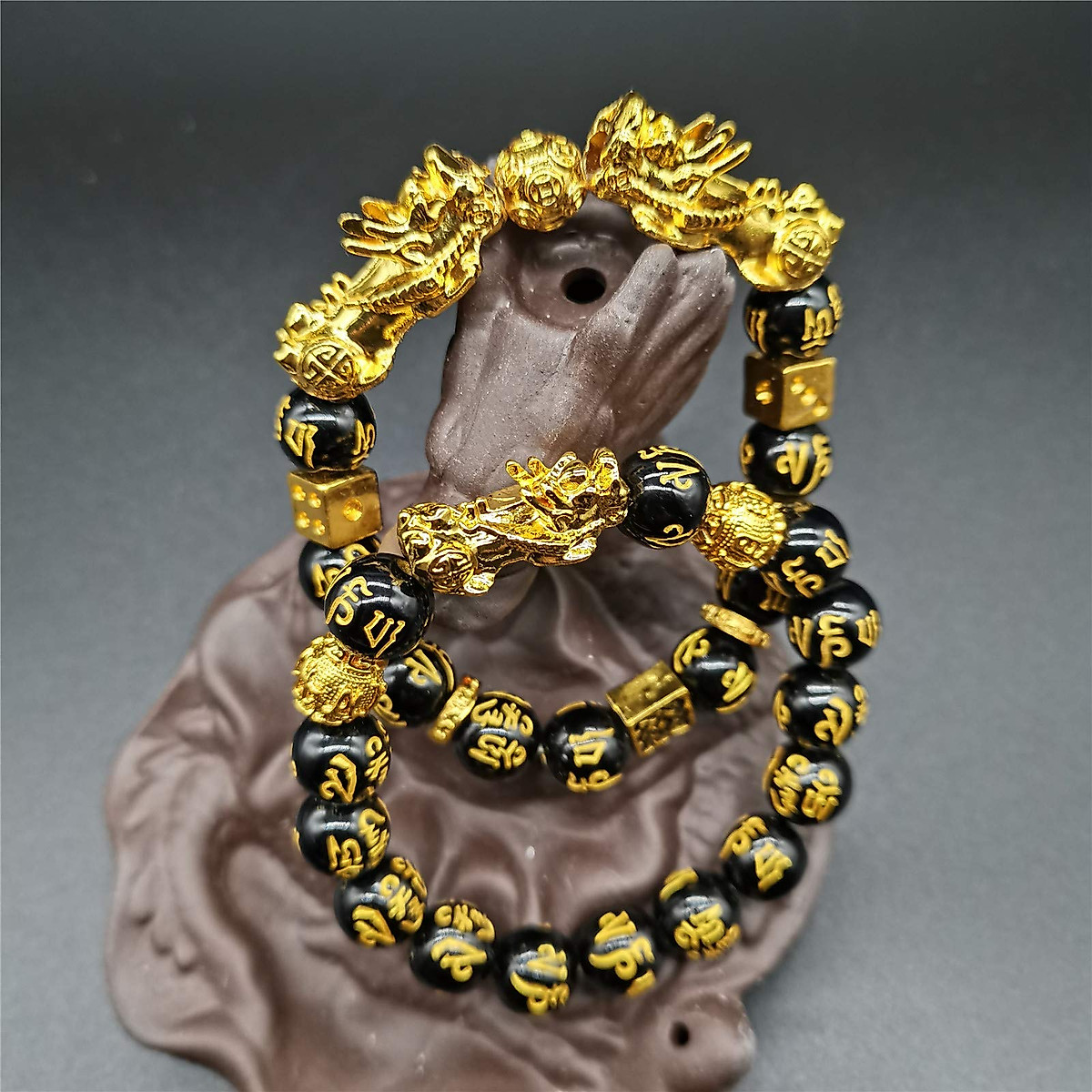 Homelavie 2 Pcs Feng Shui Black Obsidian Wealth Bracelet 12mm Mantra Bead Pi Xiu Bracelets for Women Men Attract Wealth and Good Luck (Style A)