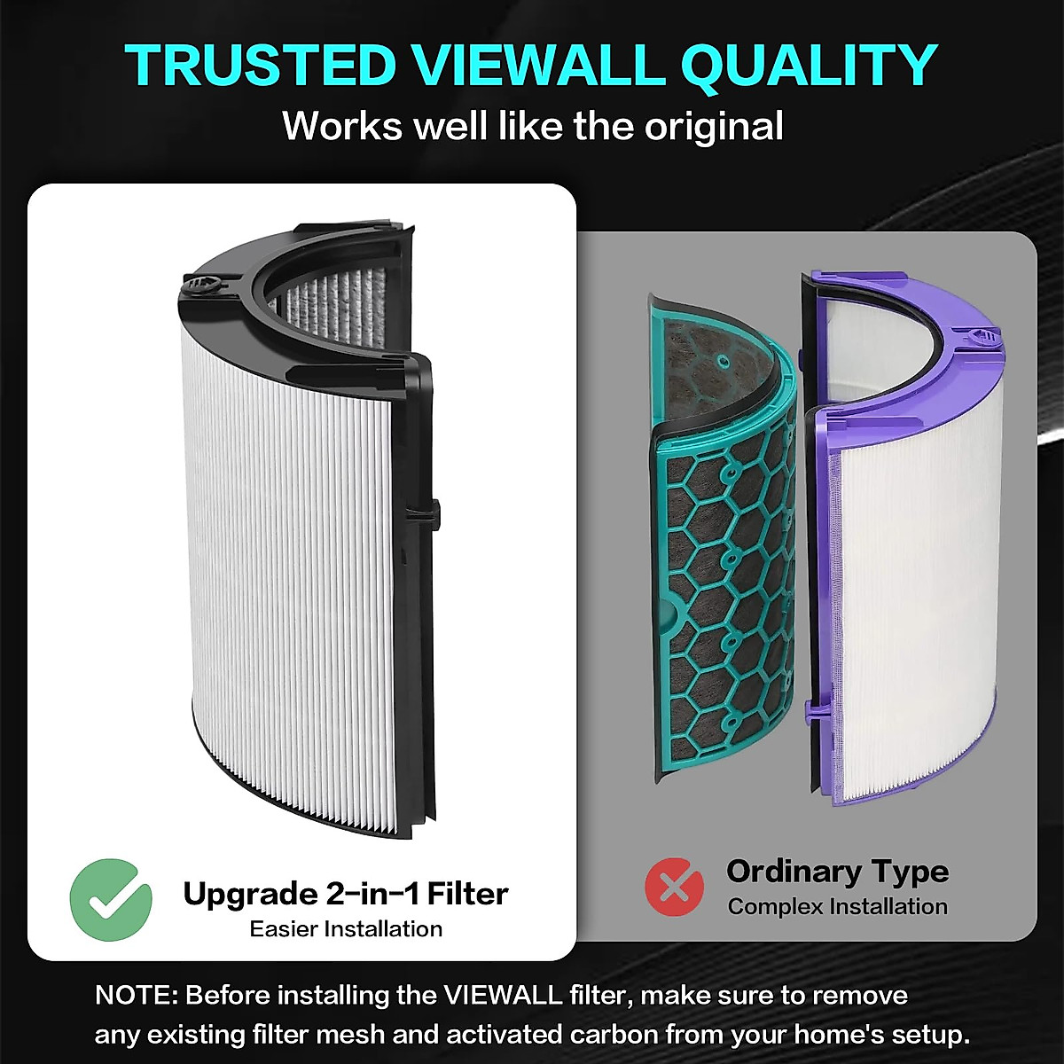 VIEWALL 360° Glass True H13 HEPA + Carbon TP01 Replacement Filter Compatible with Dyson TP01, TP02, TP03, AM11, BP01 2-in-1 Air Purifier Filter
